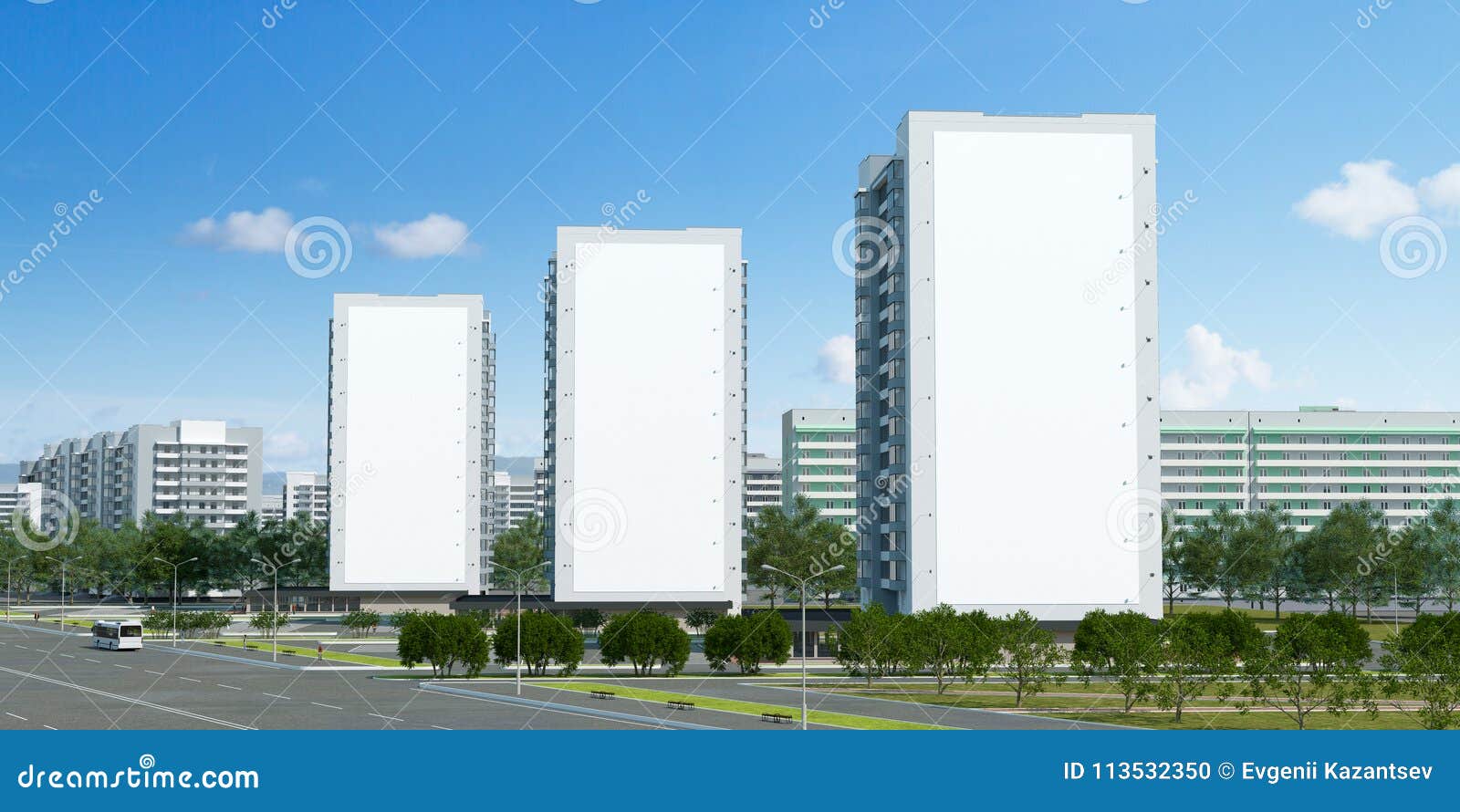 3d Illustration. Three Empty Posters On The Ends Of Three Buildings To ...
