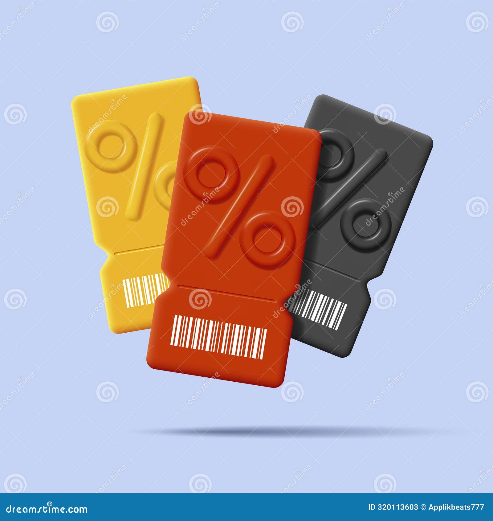 3d Illustration of Ticket with Percent Volume Sign and Bar Code, Sale ...