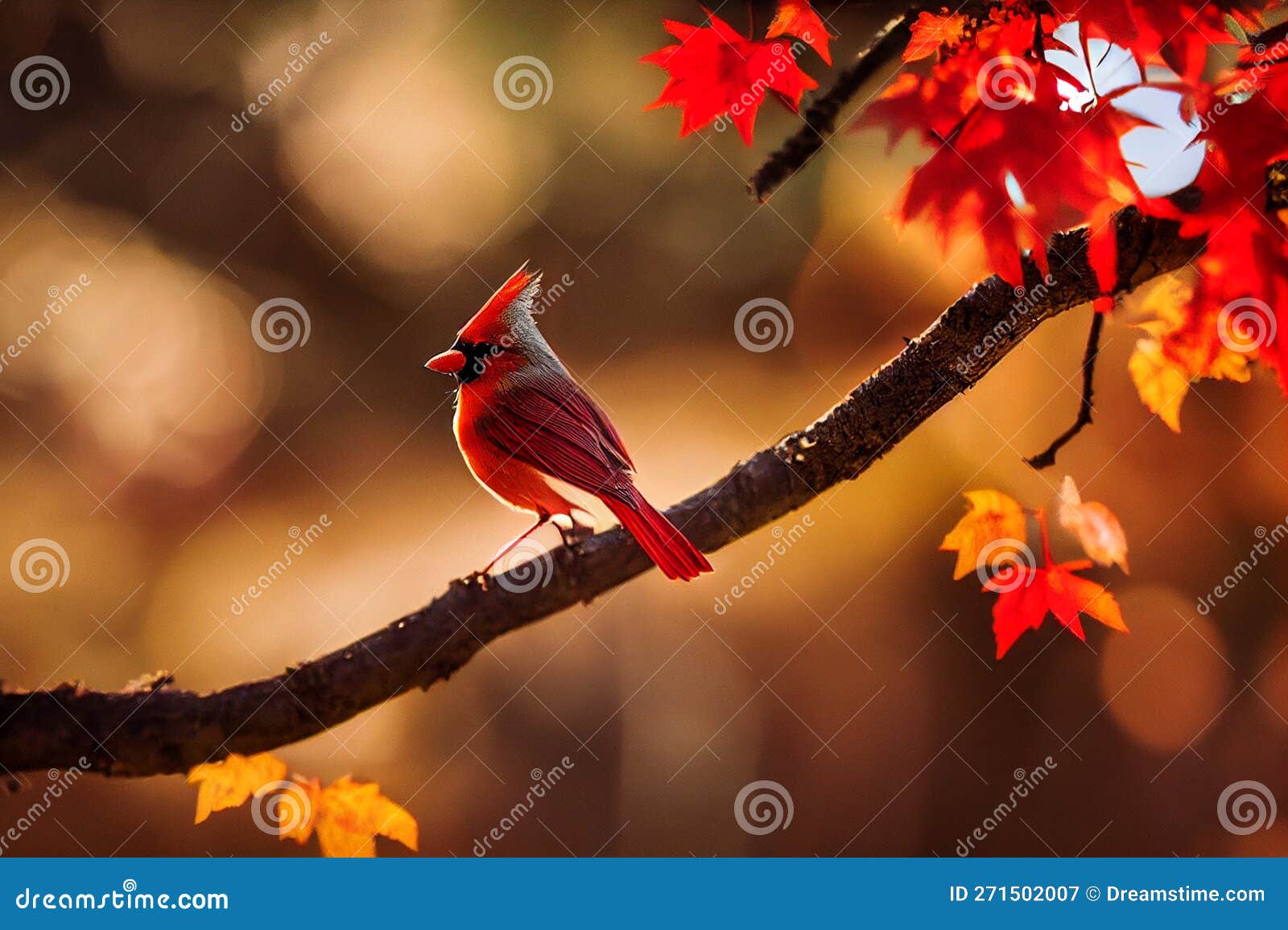 3d Illustration of Tiny Red Cardinal on a Branch with Autumn Leaves ...
