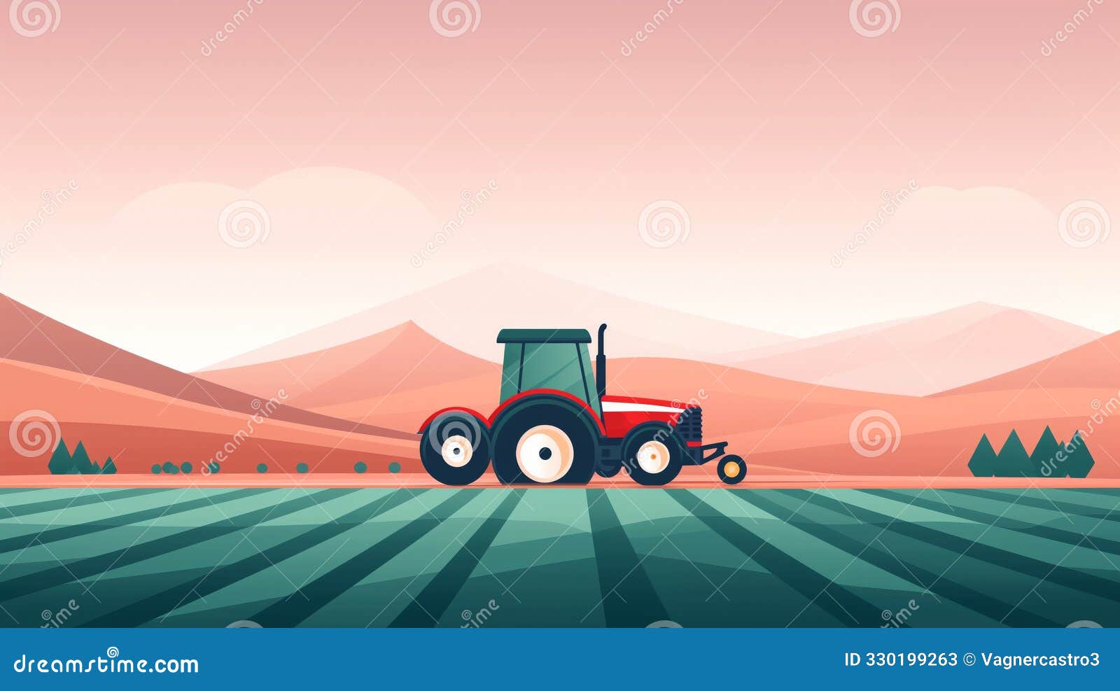 2D Illustration of a Tractor in an Open Field with Basic Shapes on a ...