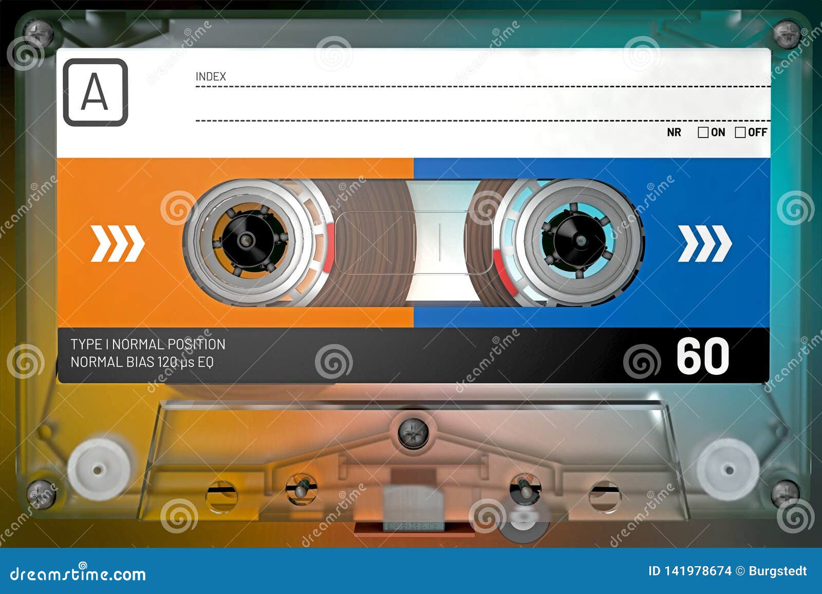 Transparent, Blue and Orange Audio Cassette with Sticker and Label ...