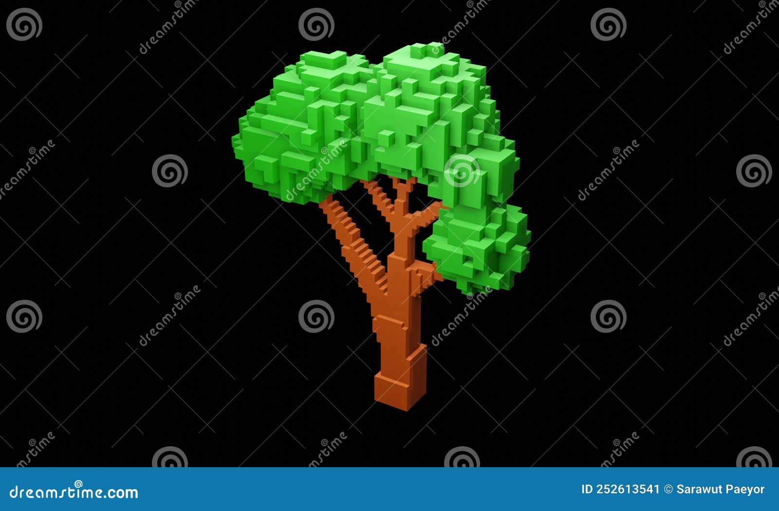 Tree 8 Bit. Isolated Black Background. 3d Game Cartoon Tree Stock ...