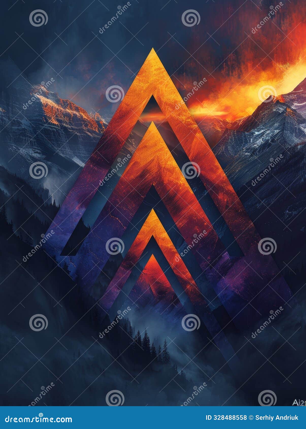 3d Illustration of a Triangle in the Background of Mountains and Fire ...