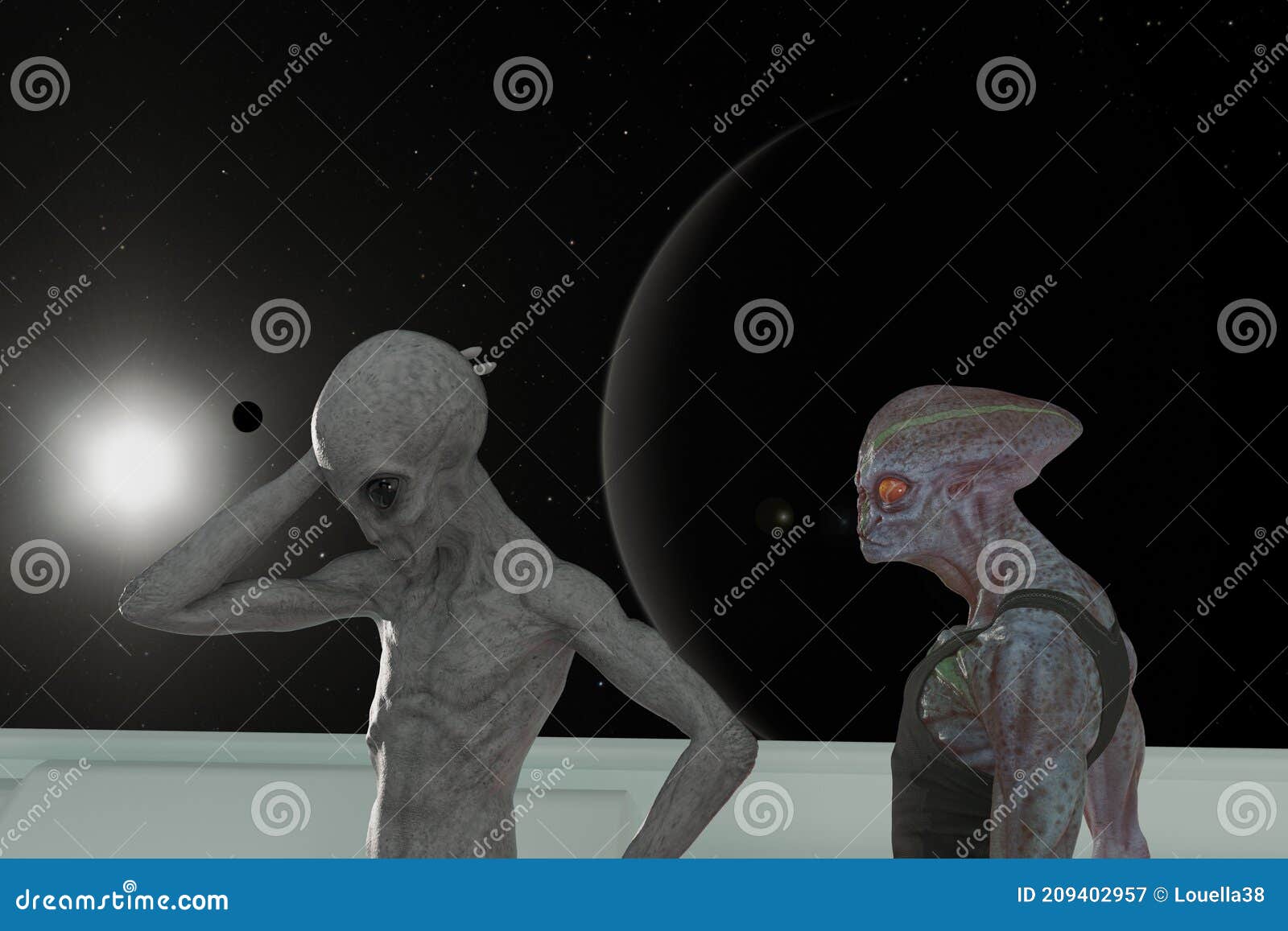 Illustration of Two Different Aliens Talking Inside a Spaceship with a ...