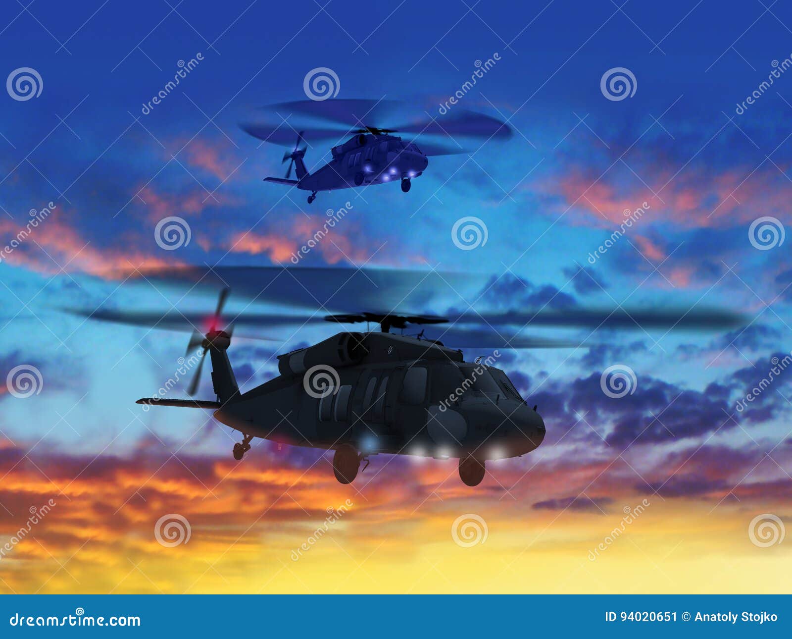 3d Illustration of Two Helicopters Flying in Sunset Sky. Stock ...