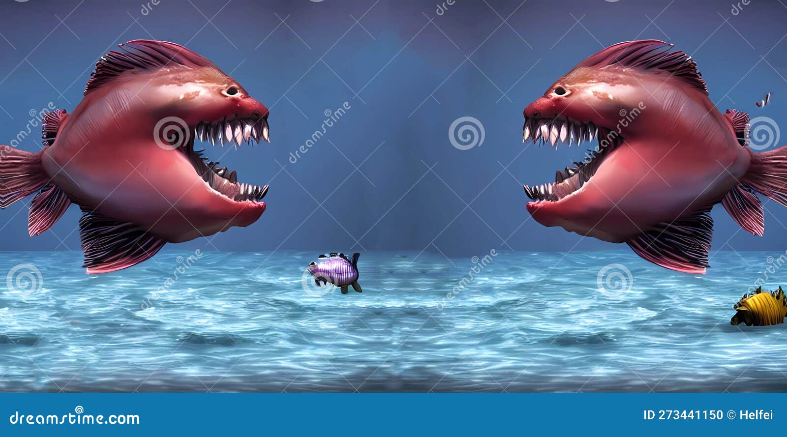 3D Illustration of Two Red Fish in the Ocean with Fish in the ...