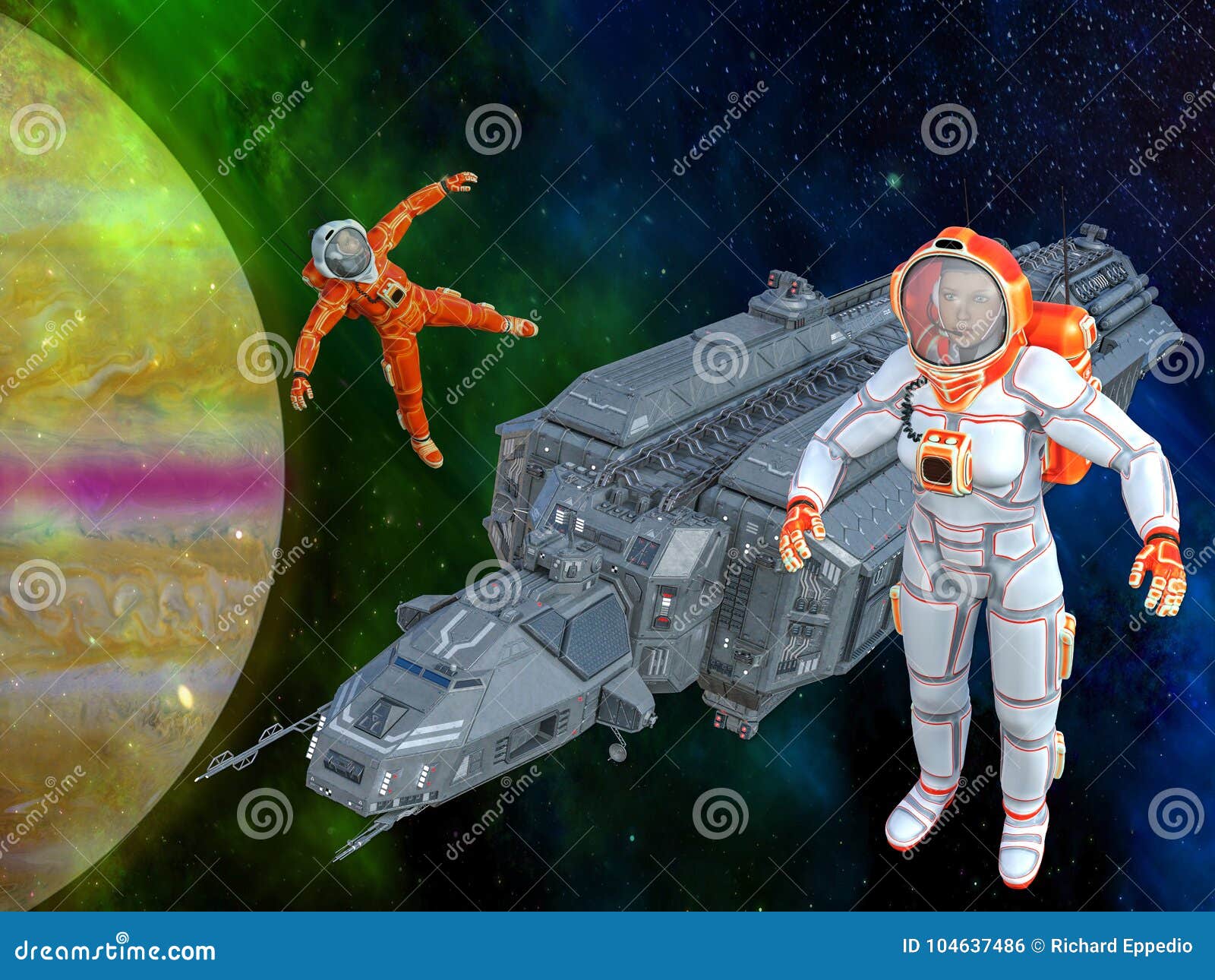 3D Illustration of Two Women Astronauts Working in Space Stock ...