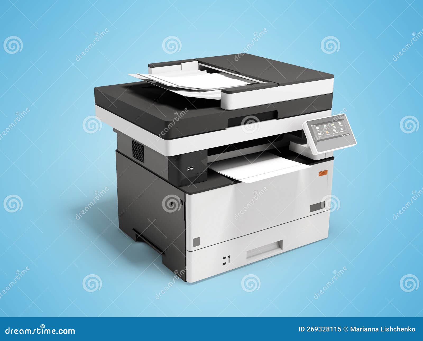 3D Illustration of Universal Compact Printer Scanner on Blue Background ...