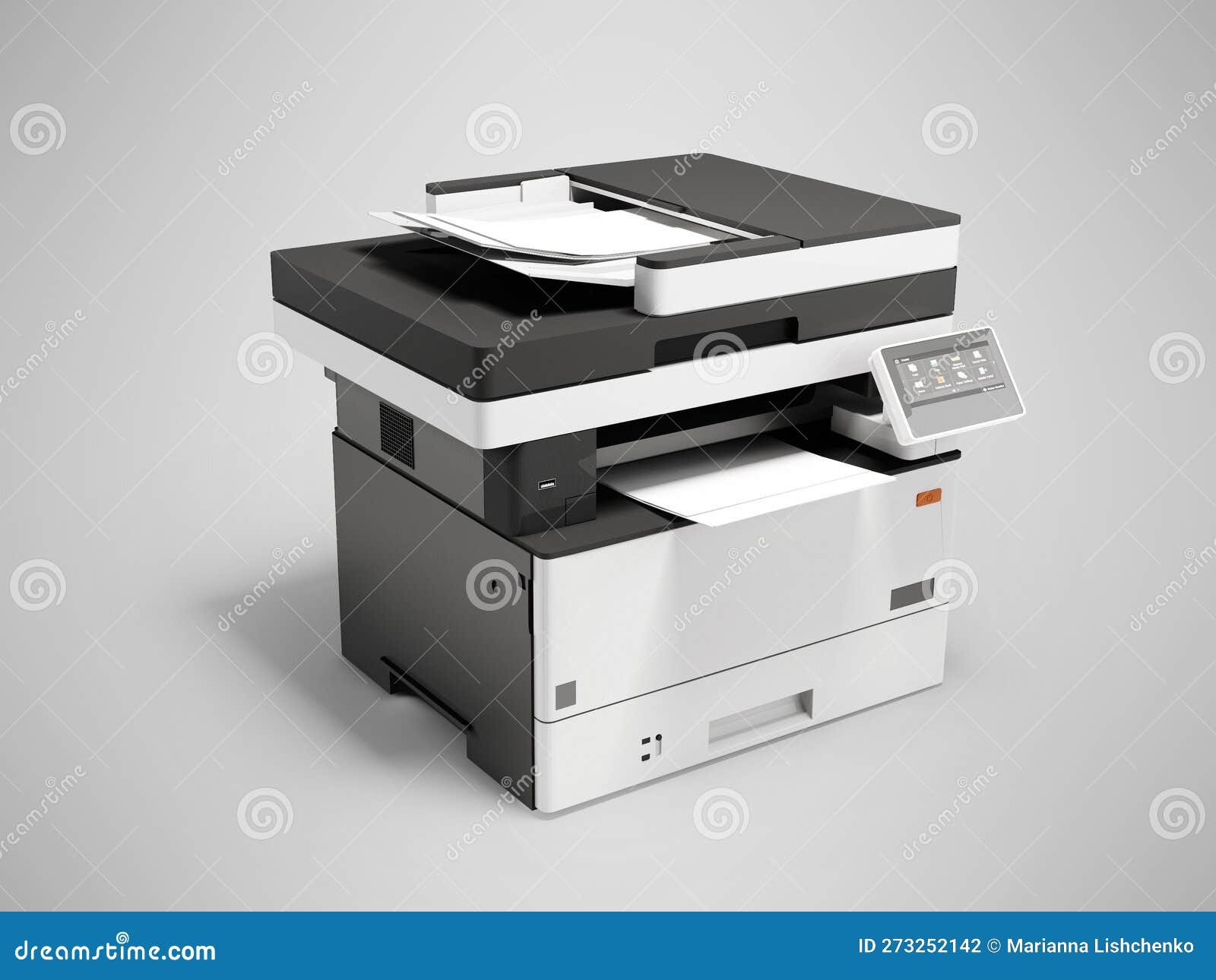 3D Illustration of Universal Compact Printer Scanner on Gray Background ...
