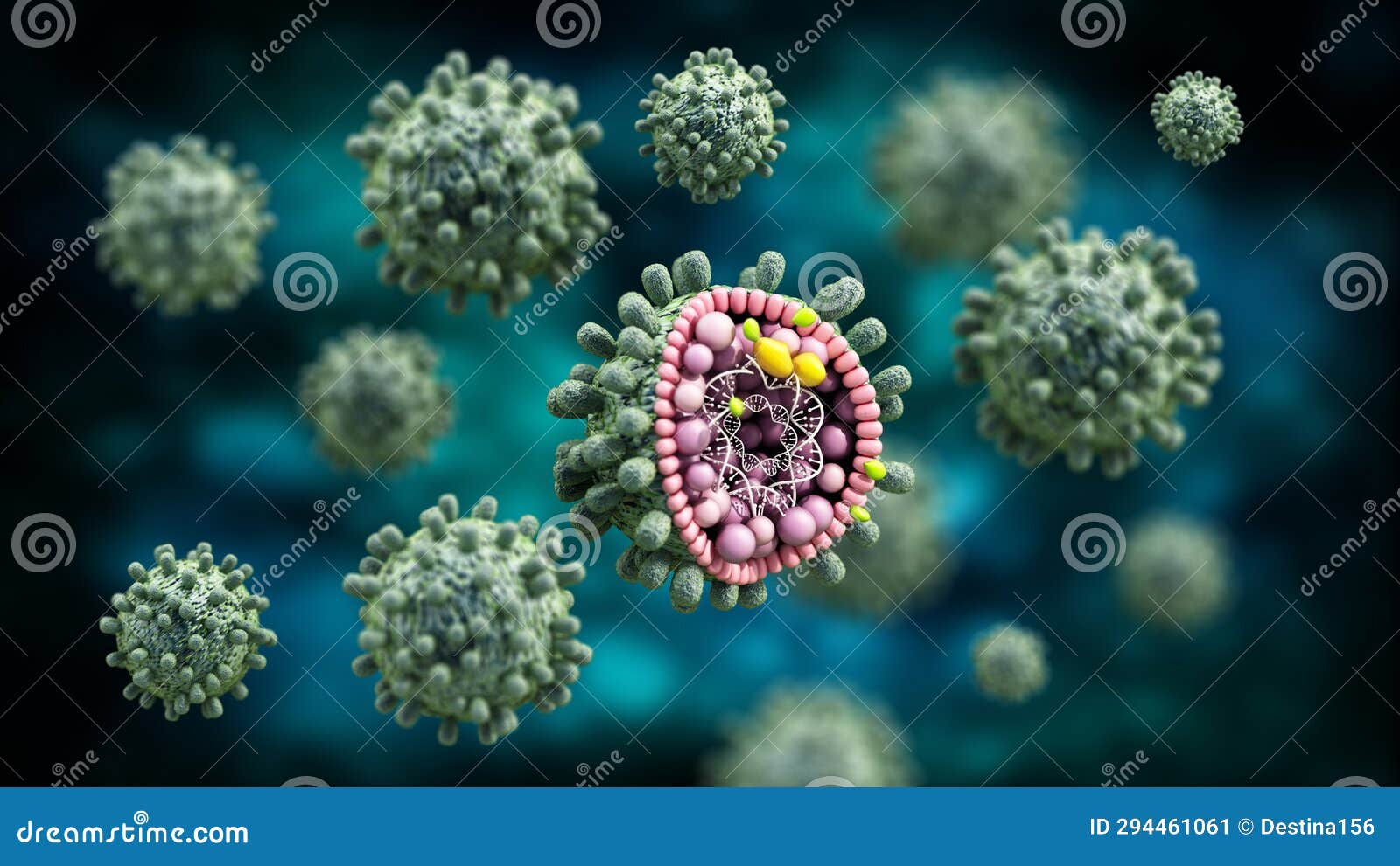 3D Illustration of a Virus Structure. Group of Virus of Bacteria Under ...