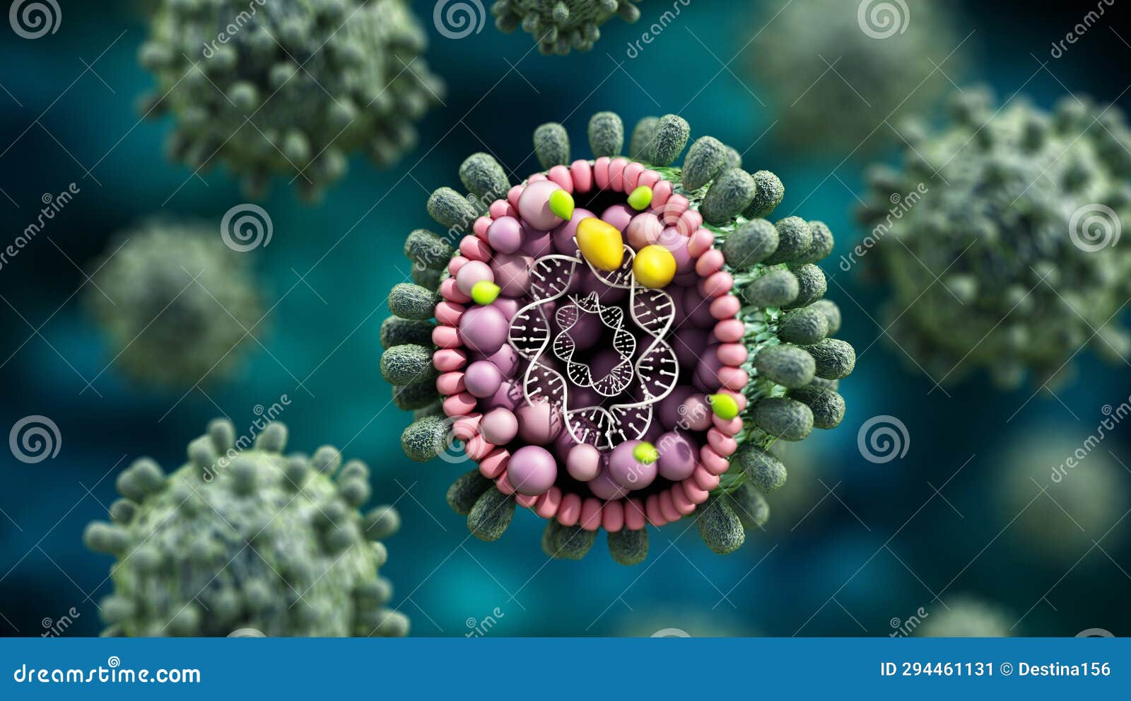 3D Illustration of a Virus Structure. Group of Virus of Bacteria Under ...