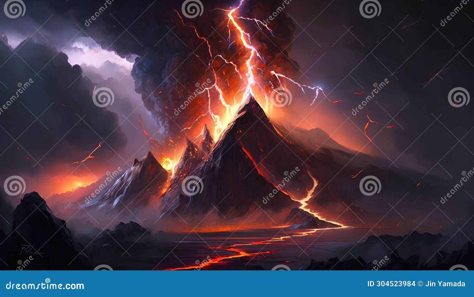 D Illustration of Volcano Eruption with Lava and Lightning. Stock ...