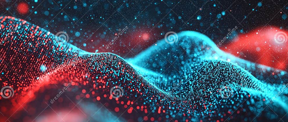 3D Illustration of Waves in a Blue Matrix Code Structure with Red ...