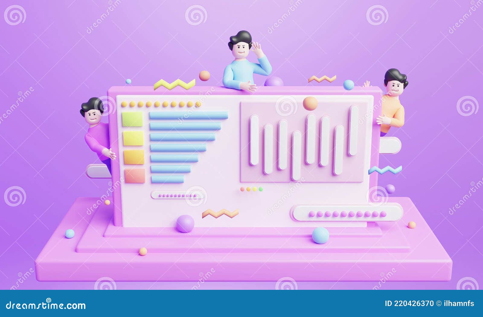 3D Illustration Website Chart with Cartoon Characters. Technology ...