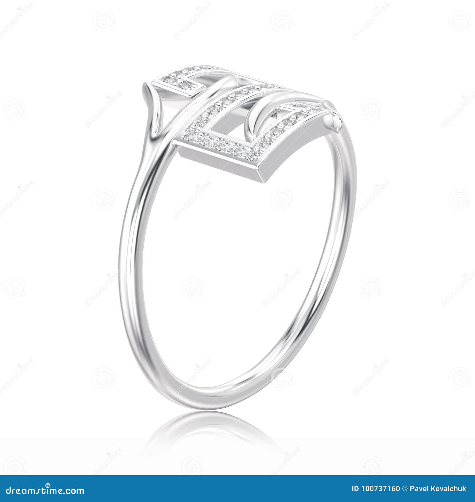 3D Illustration White Gold or Silver Engagement Decorative Diamond Ring ...