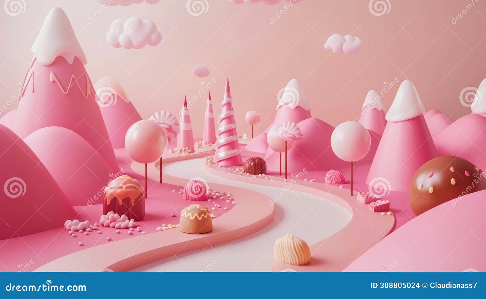 3d Illustration of White and Pink Candy Land with Pink Mountains and ...