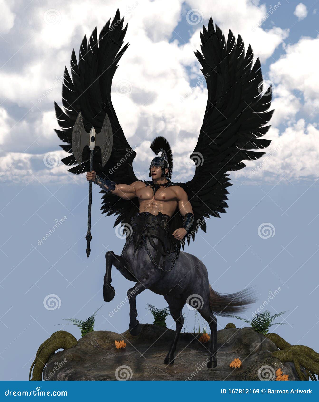 3D Illustration of a Winged Centaur with Axe and Armor Ready for Battle ...