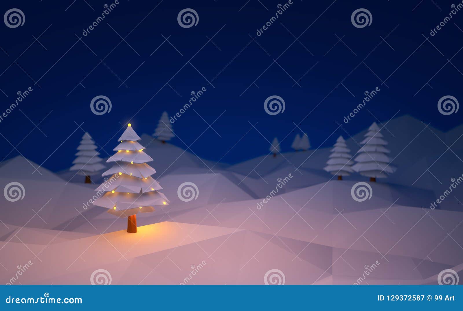 3d Illustration Winter Tree Low Poly Christmas Scene Background. Stock ...