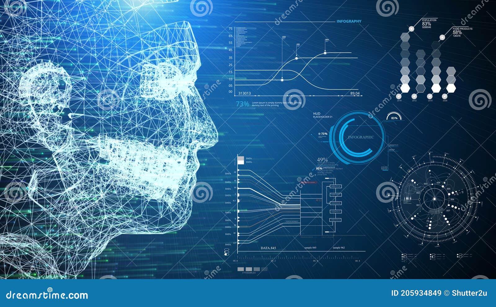 3D Illustration Wireframe Human AI System and Infographic Information ...