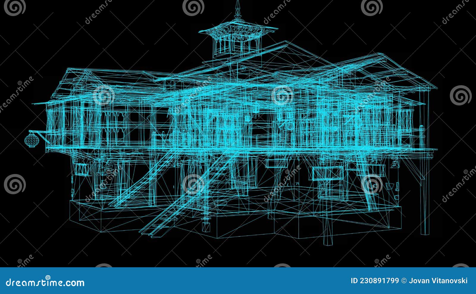 Wireframe Model of Medieval House on Black Background Stock ...