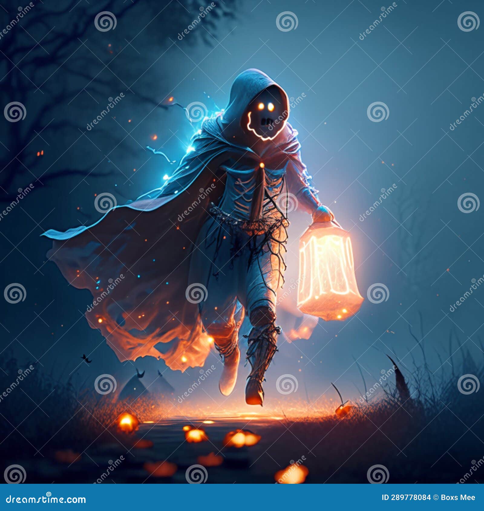 3d Illustration of a Witch with a Lantern in the Night Forest ...