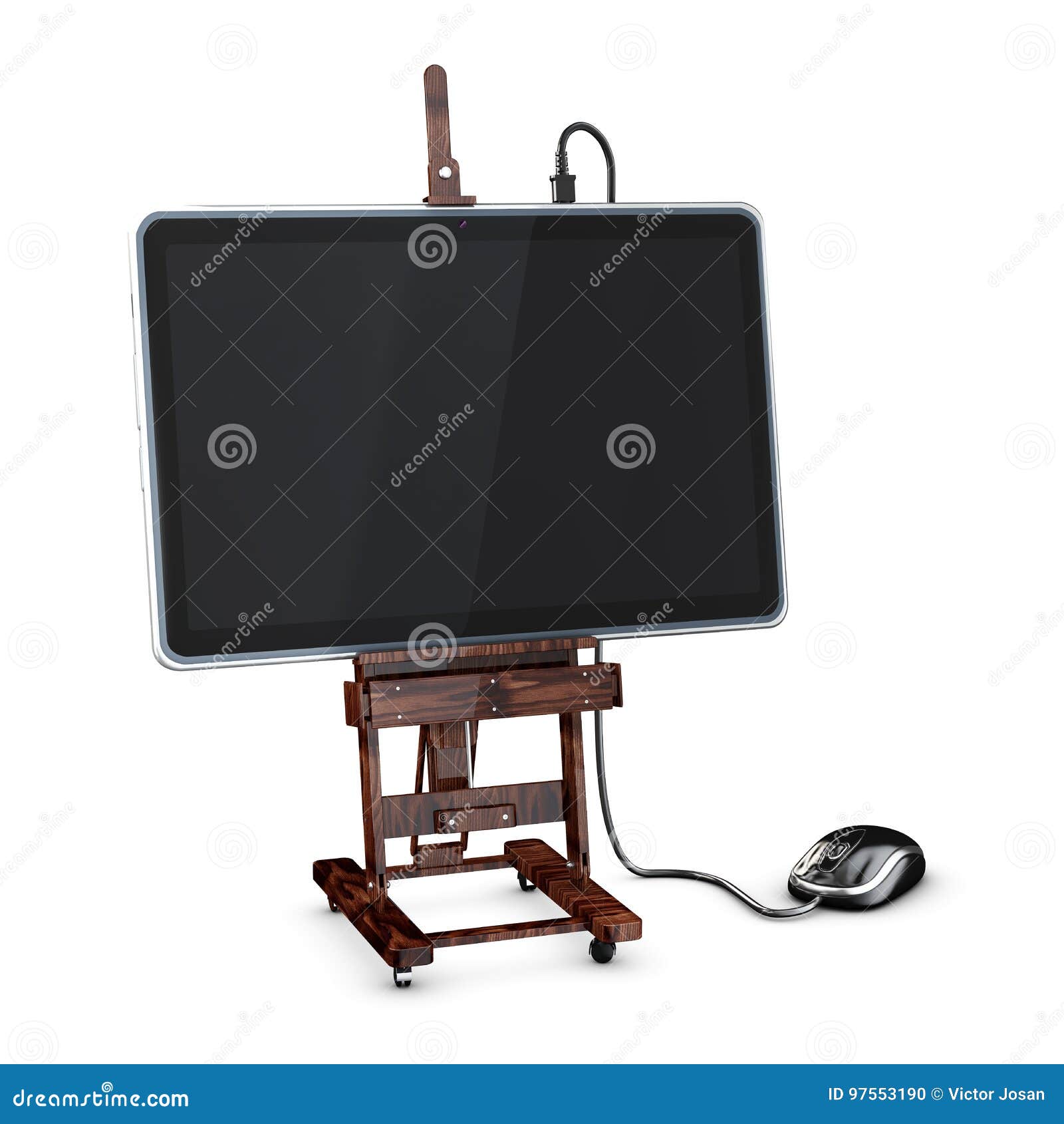 3d Illustration of Wooden Easel with Tablet and Mouse, Graphic App ...
