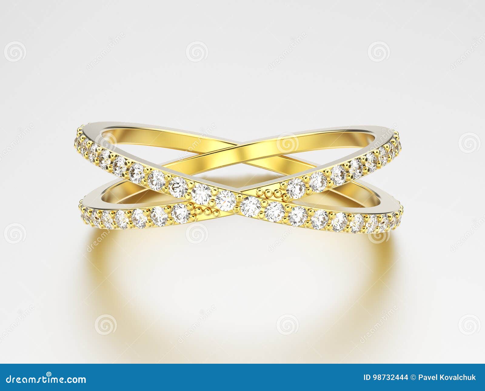 3D Illustration Yellow Gold Two Shanks Diamond Ring with Reflect Stock ...