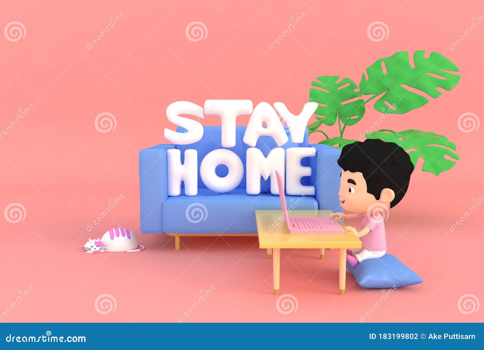 3d Illustrator of Cartoon Characters. a Boy Using a Computer Stock ...