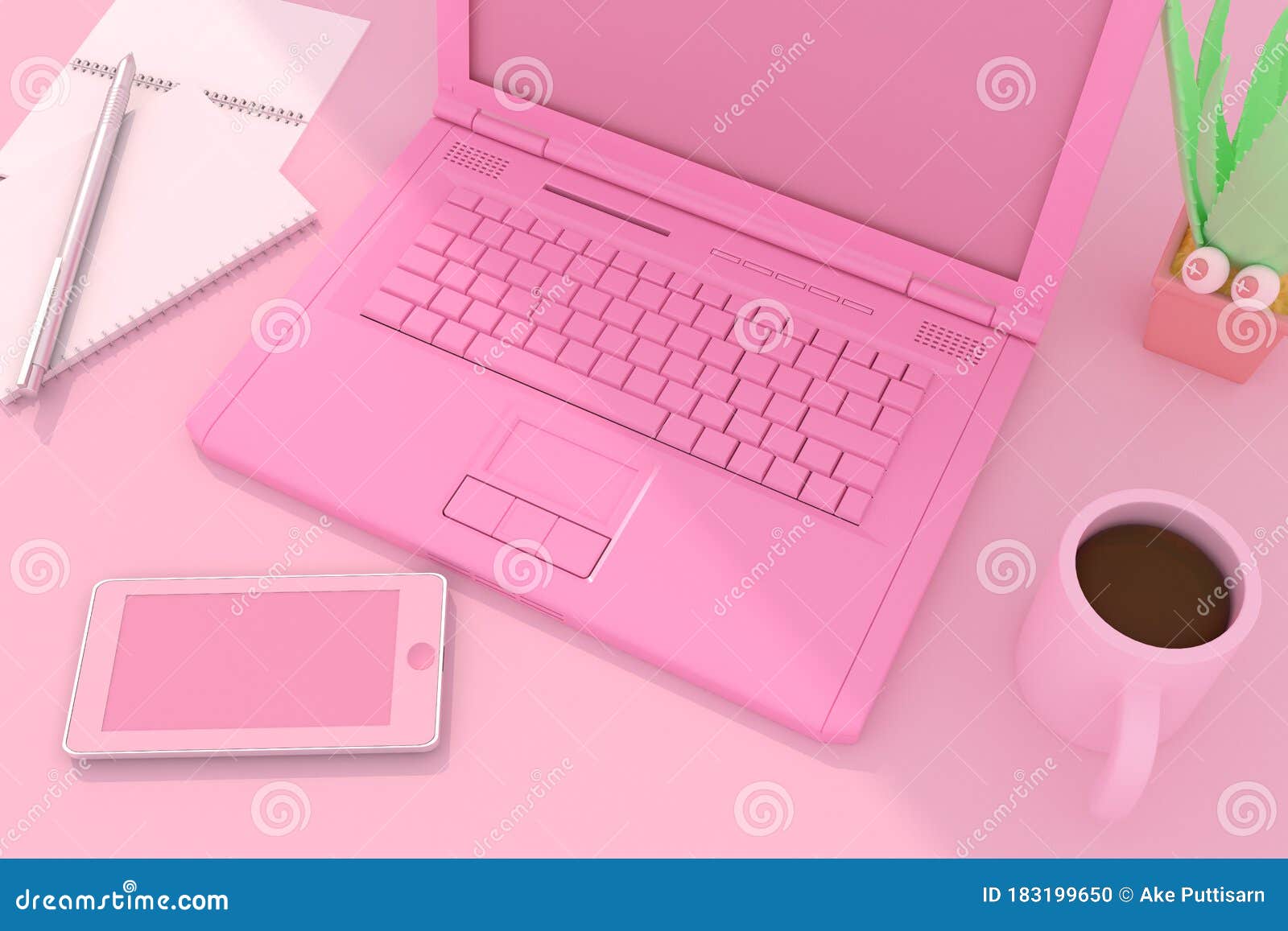 3d Illustrator of on the Desk There are Computers, Mobile Phones, Pens ...