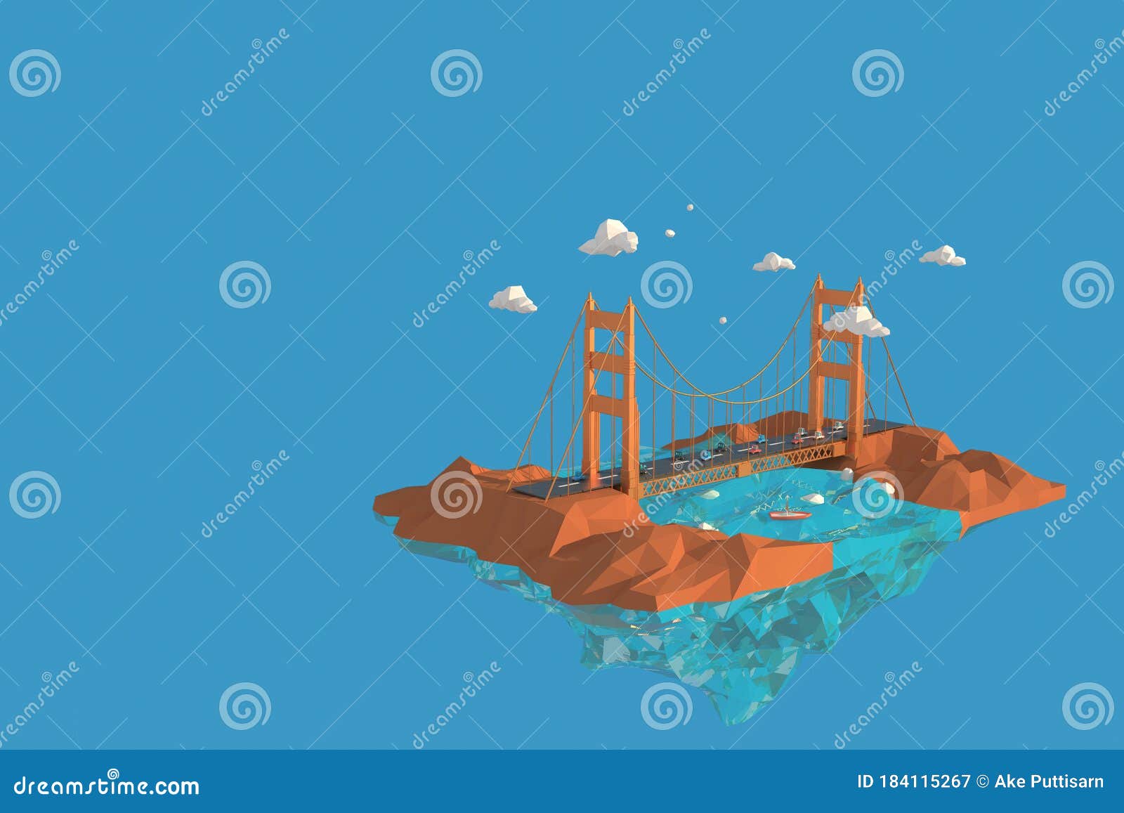 3D Illustrator Golden Gate Bridge in USA. 3d Rendering Low Polygon ...