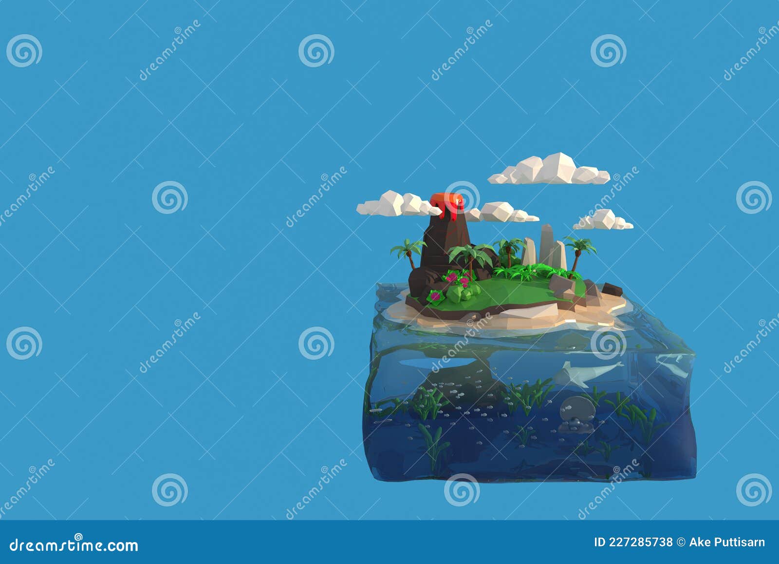 3D Illustrator of Island. 3D Rendering of a Low Polygon Model Including ...