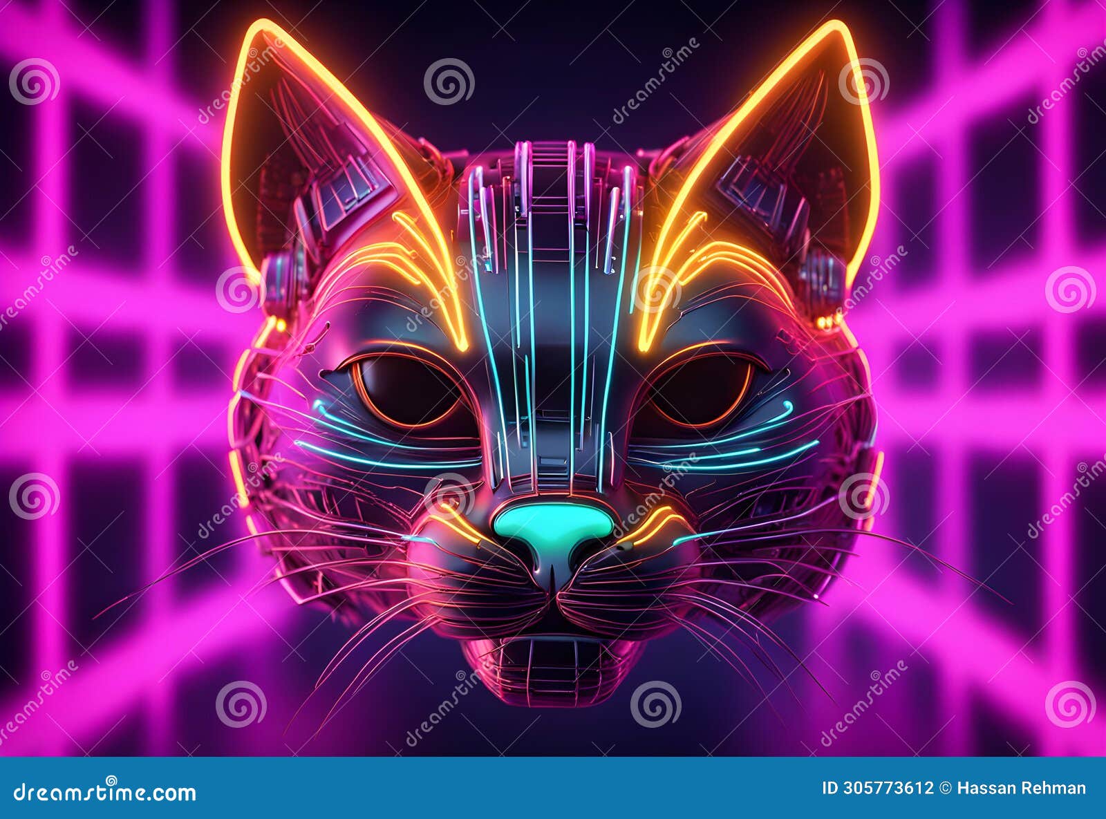 3d Image of Cyber Cat Head Neon Glow Stock Photo - Image of network ...