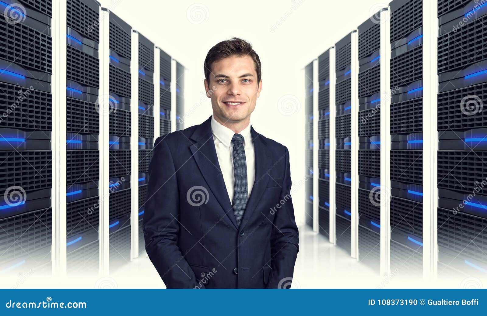 Man in datacenter stock photo. Image of smiling, room - 108373190