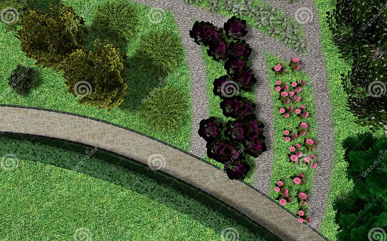 3d Image of Landscape Design of a Garden Area. Composition of a Group of Plants Trees, Bushes ...