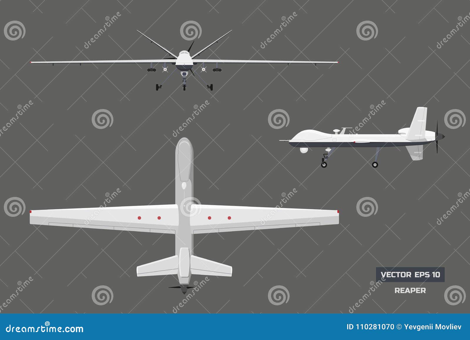 3d Image of Military Drone. Top, Front and Side View Stock Vector ...