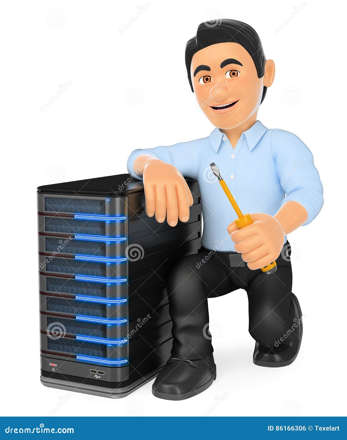 3D Information Technology Technician with a Server Stock Illustration ...