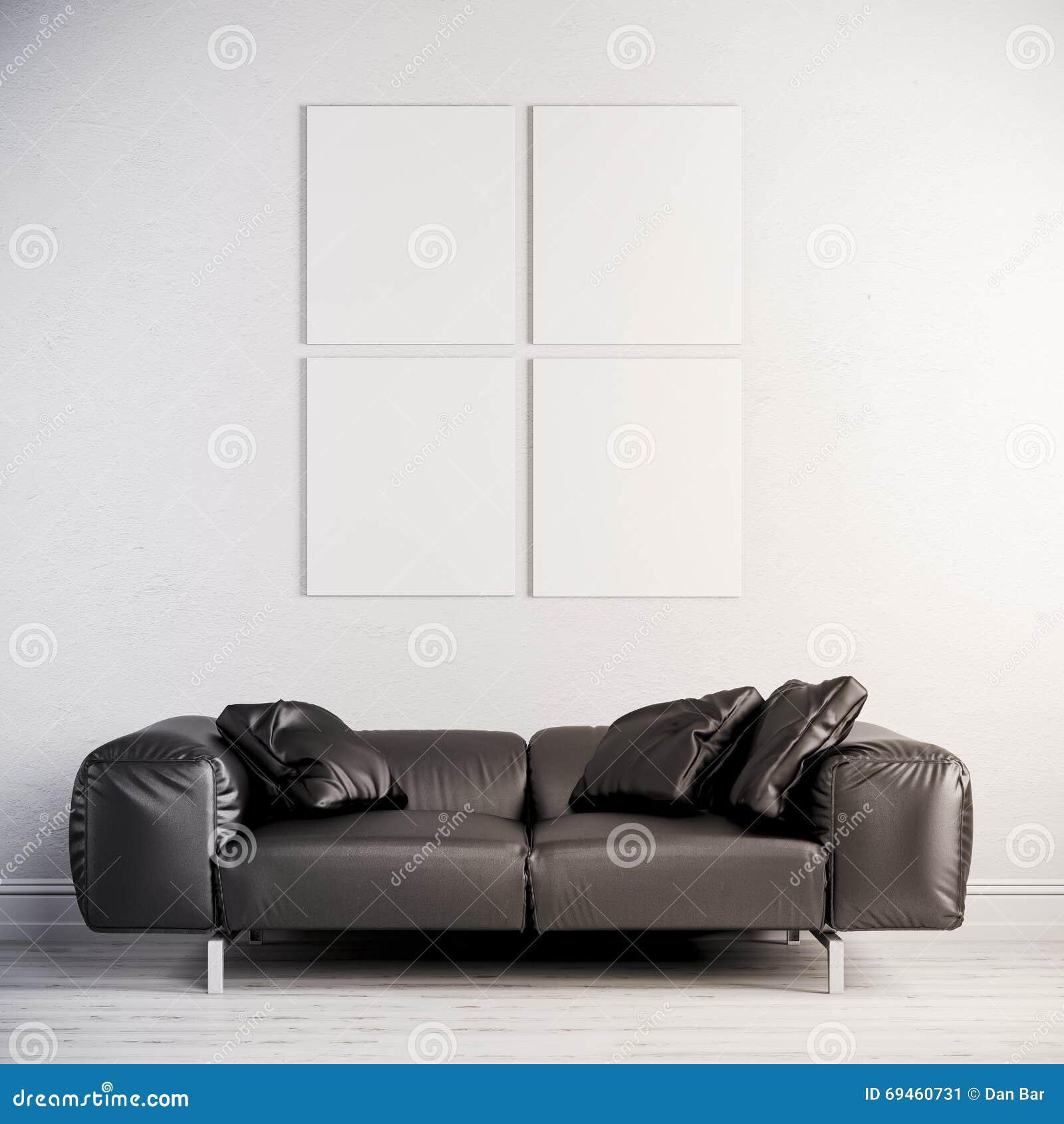 3d Interior Render With Leather Couch And Blank Frame On White Wall ...
