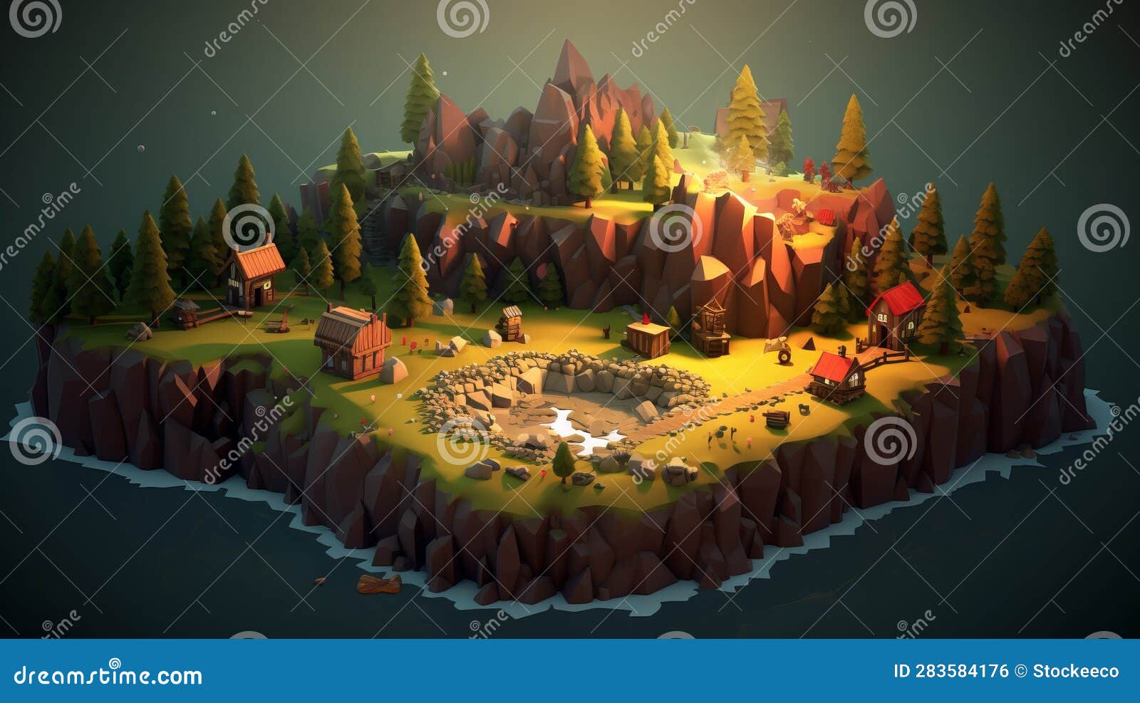 Low Poly Island Game: a 32k Uhd Rural Life Depiction Stock Illustration ...