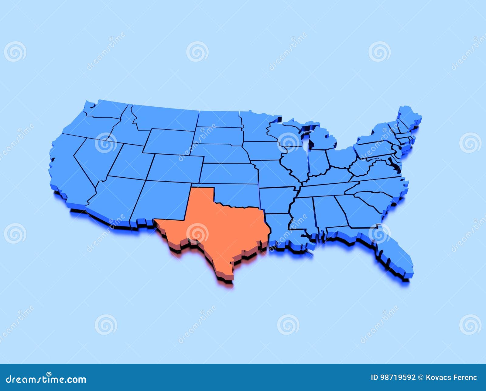 3D Isolated Map of USA in Blue, Highlighted Texas in Red Stock ...
