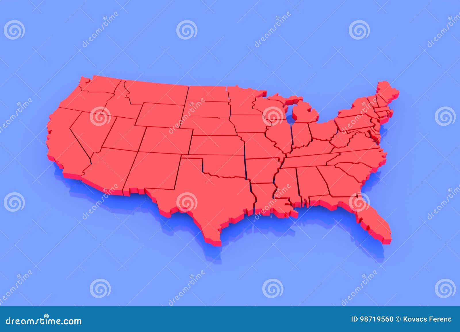 3D Isolated Map of USA in Red on Blue Stock Illustration - Illustration ...