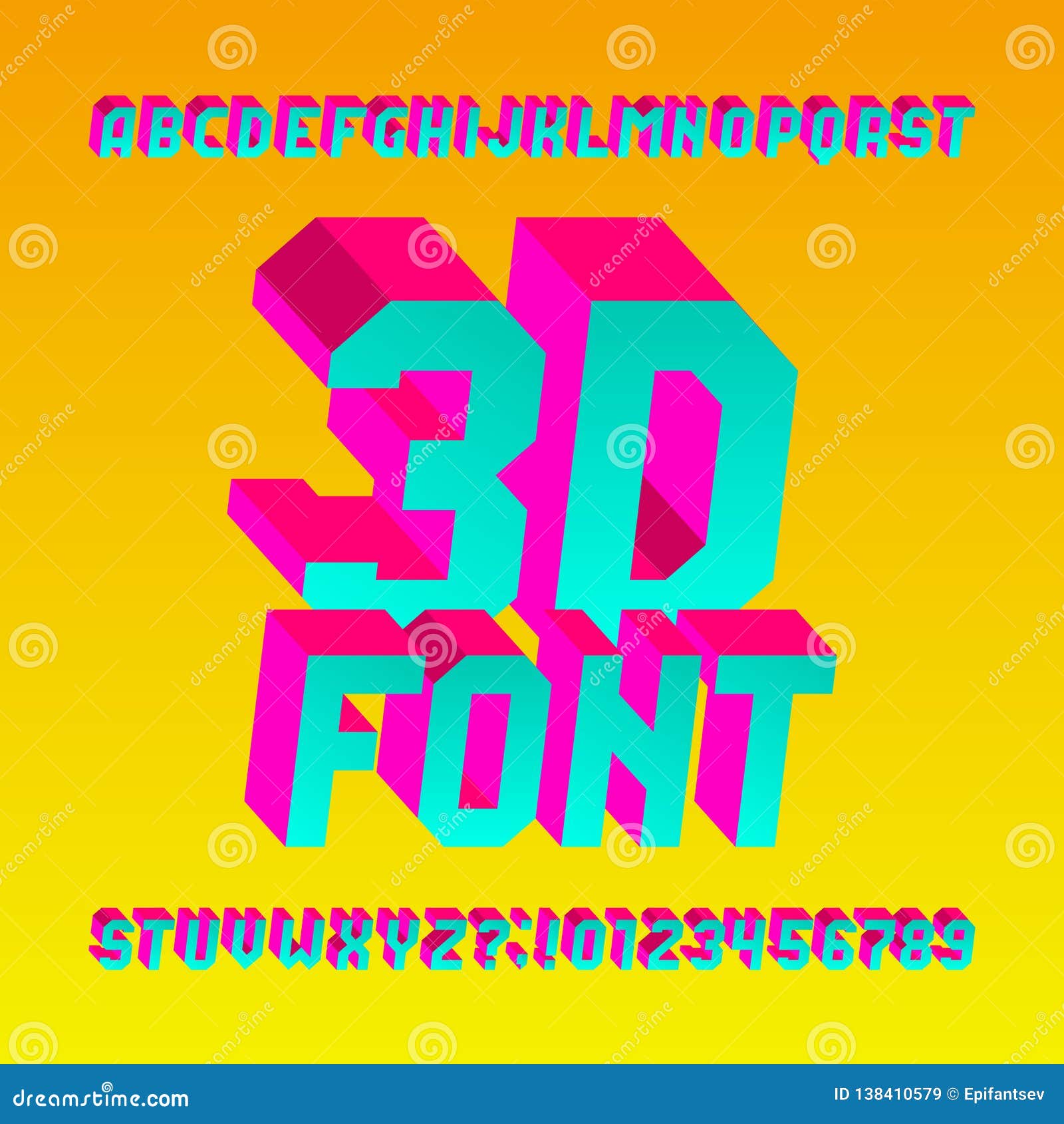 3D Isometric Alphabet Font. 3d Effect Bright Letters and Numbers Stock ...