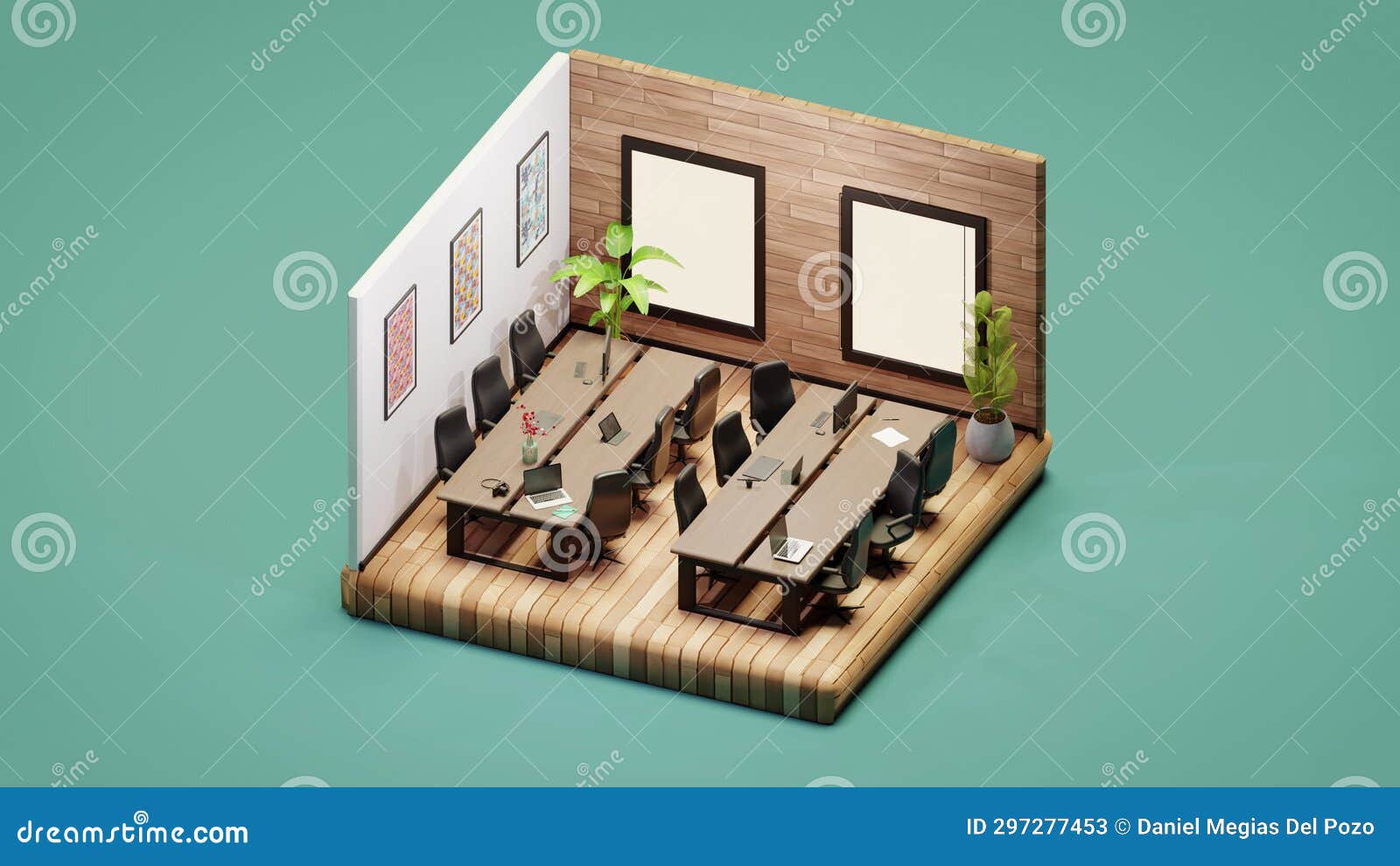 3D Isometric Loop Low Poly Office Room with Many Workplace in Modern ...