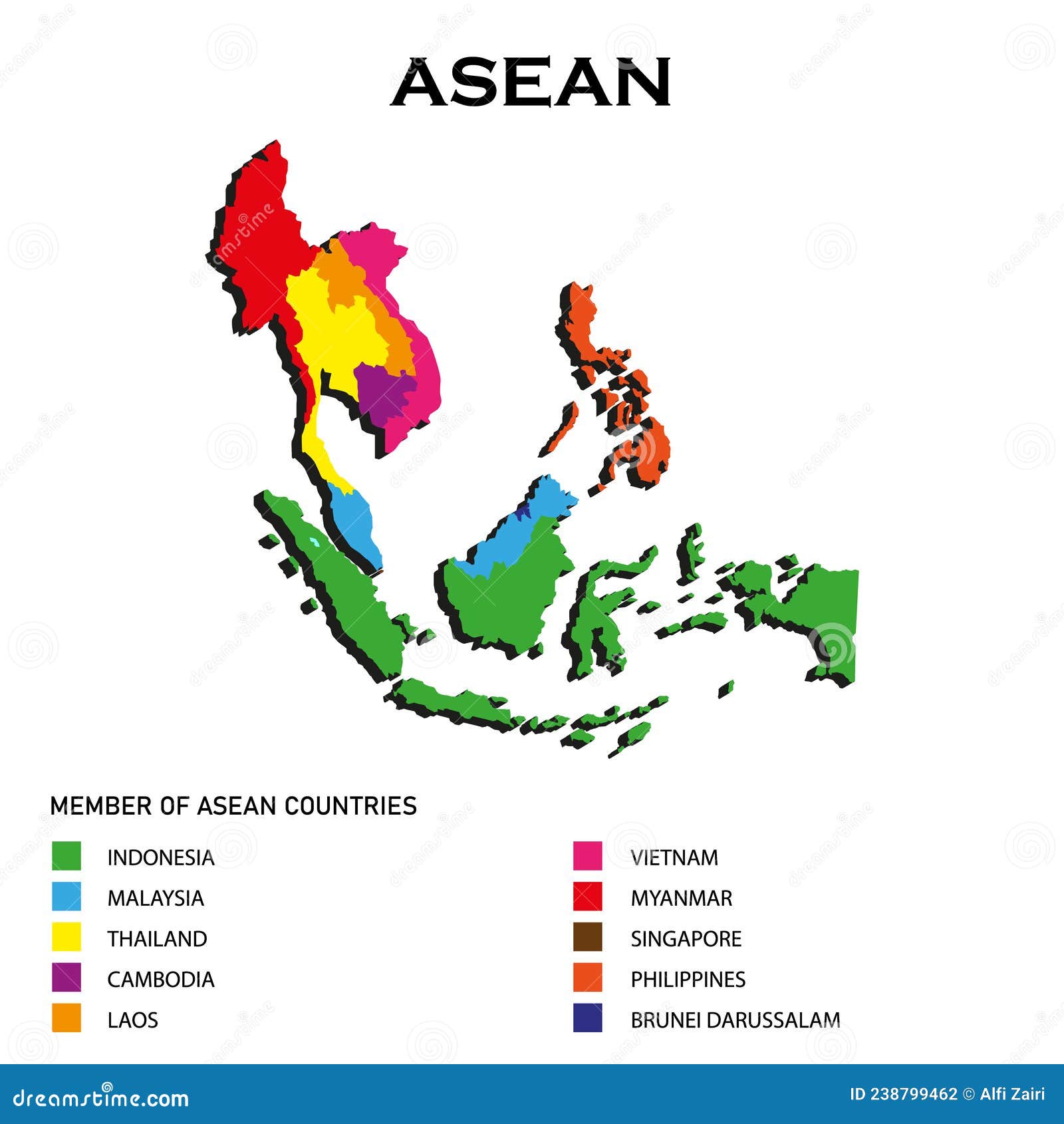 3d Isometric Asean Country Map Including Names of Country Stock Vector ...