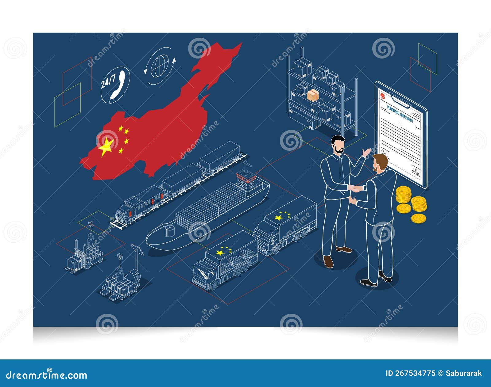 3D Isometric China Logistics Concept with Import and Export Cargo ...
