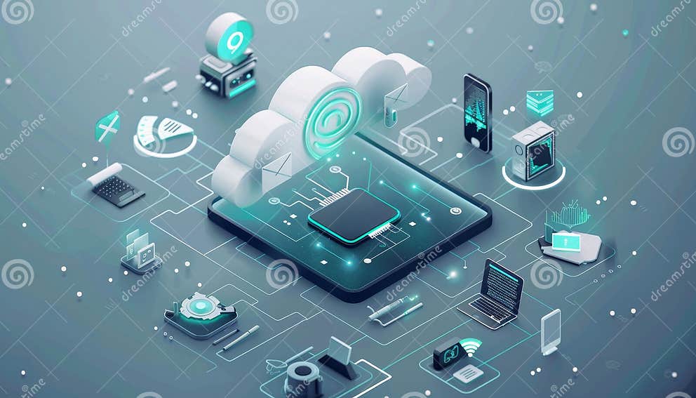 3D Isometric Cloud with Computer Chip, Concept of Cloud Computing and ...