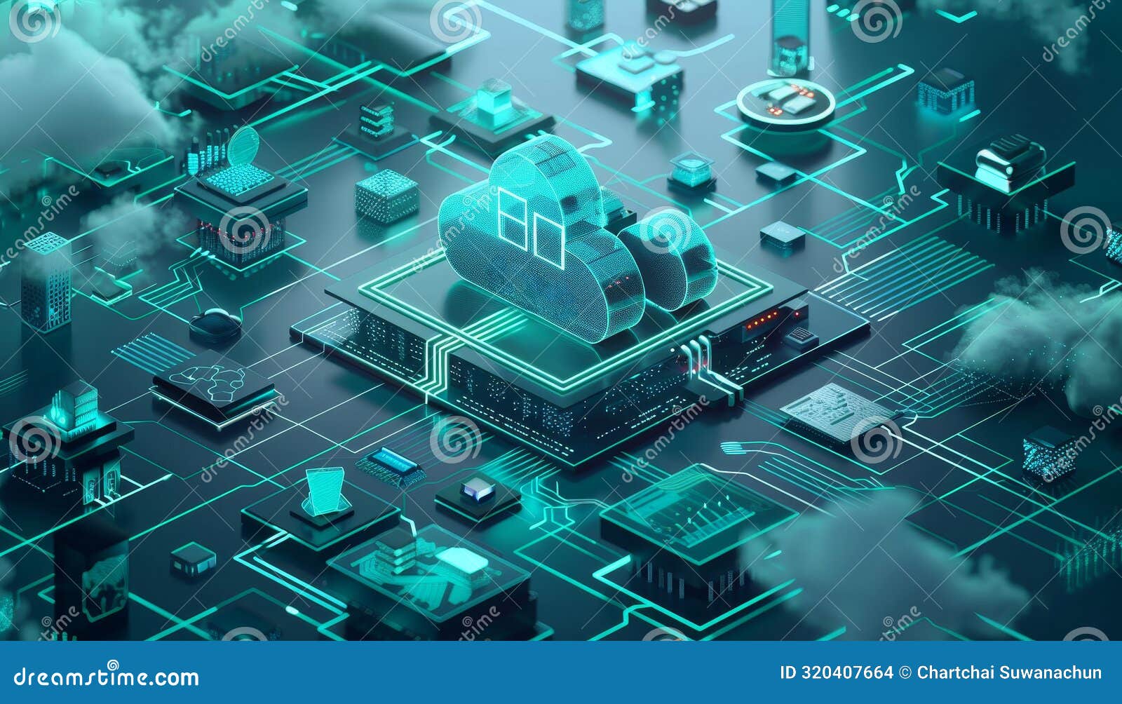 3D Isometric Cloud with Computer Chip, Concept of Cloud Computing and ...