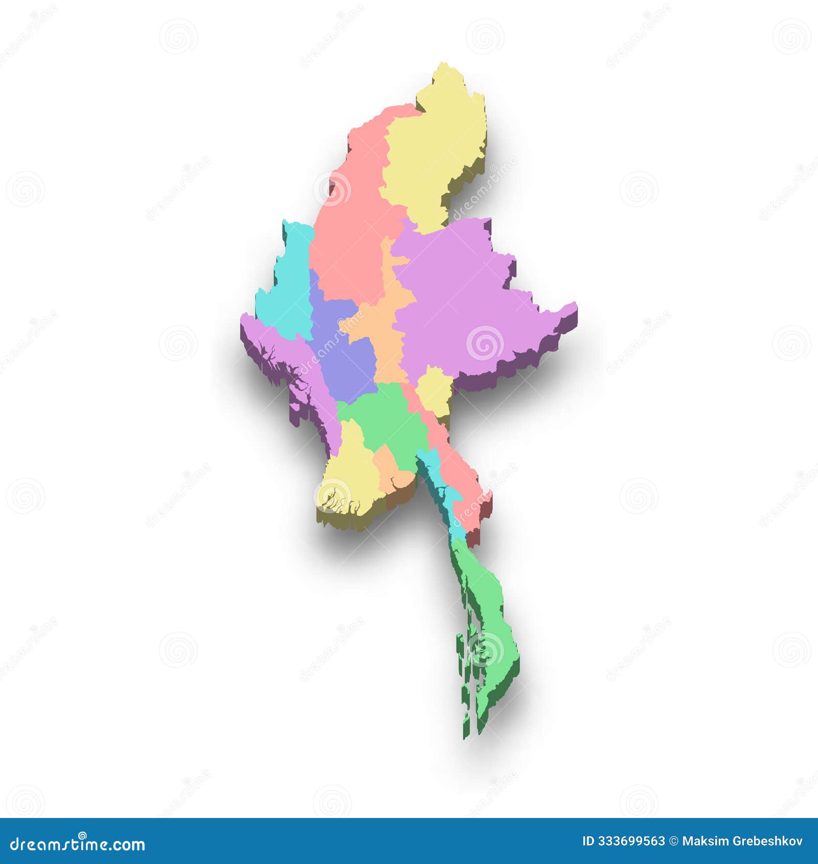 3d Isometric Colored Map of Myanmar Stock Illustration - Illustration ...