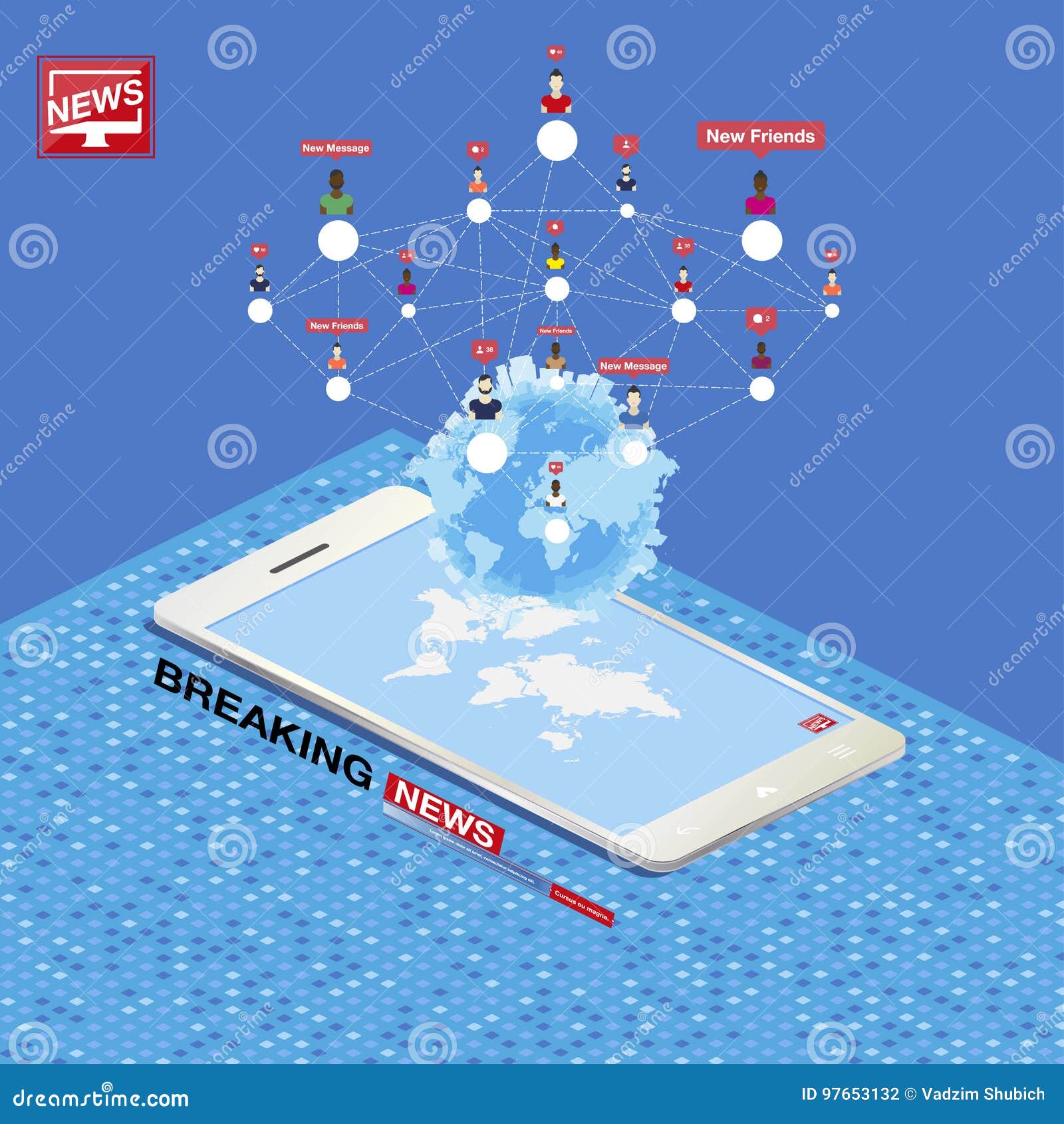 3D Isometric Concept Breaking News. Smartphone with a World Map and ...