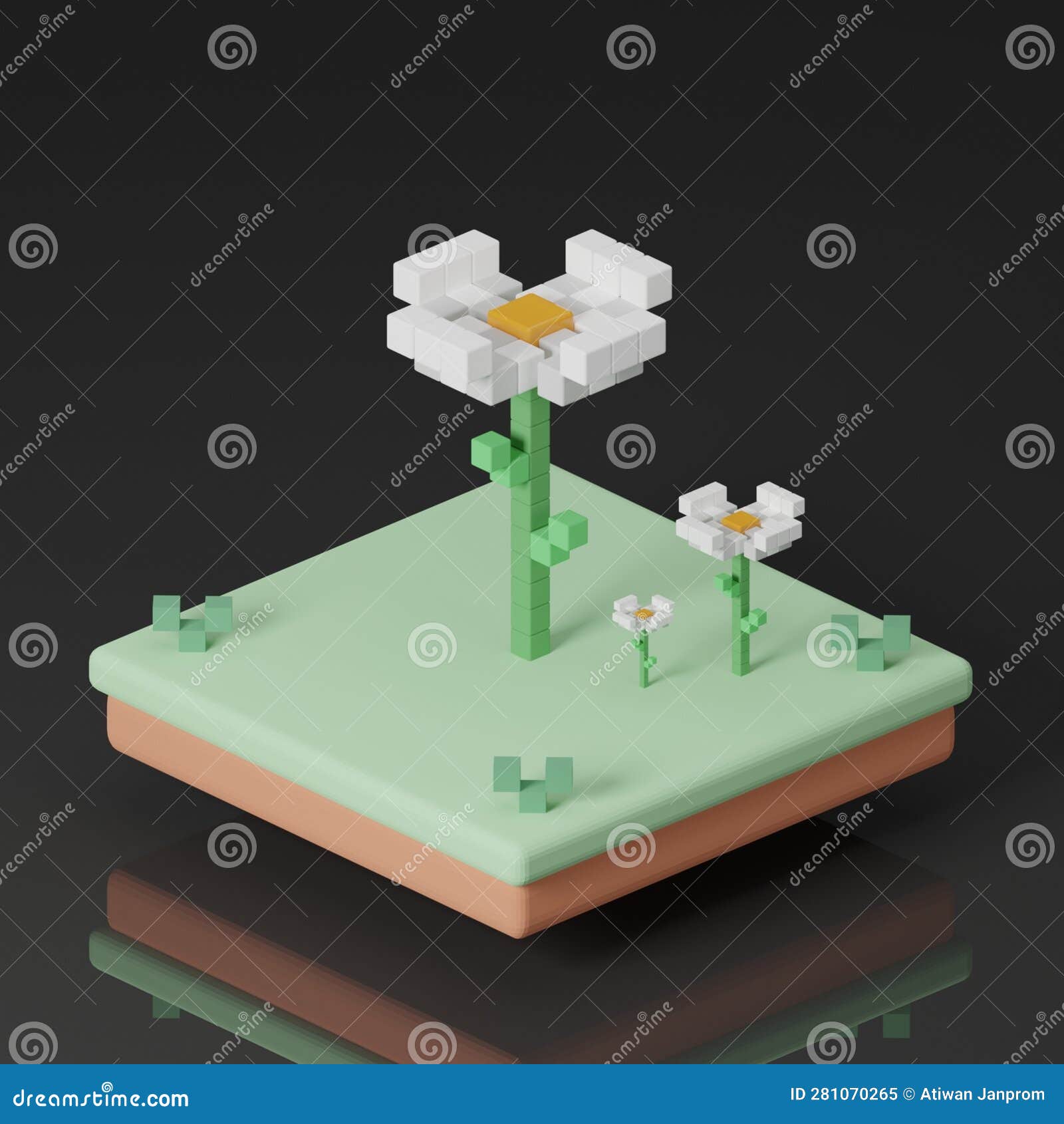 3D Isometric Daisy Pixel with Grass and Soil on Black Background Stock ...