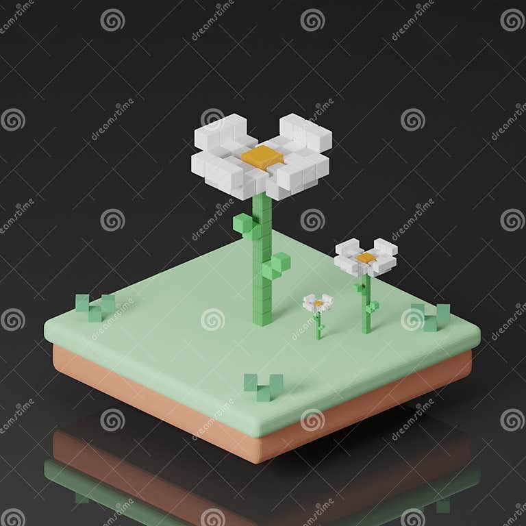 3D Isometric Daisy Pixel with Grass and Soil on Black Background Stock ...